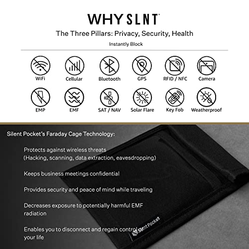 Silent Pocket SLNT Quick Access Smartphone Faraday Bag Waterproof Signal Blocking Nylon, Device Shielding for iPhone, Samsung Galaxy, Most Phones - Travel, Privacy, Anti-Hacking (Black, Medium)