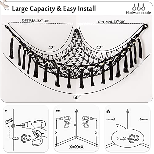 MAKEONEWO Stuffed Animal Toy Hammock Hanging- Macrame Toy Hammock with Tassels-Stuff Animals Organizer Storage Boho Large Corner Plush Toys Net Holder for Nursery, Play Room, Kids Bedroom (Black), 1 Pack