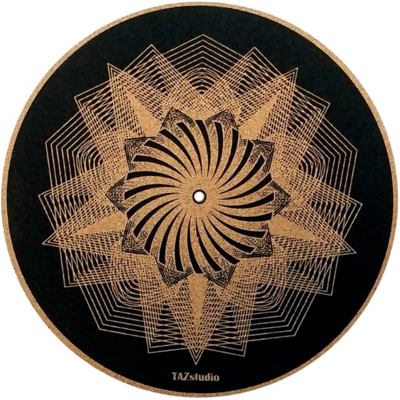 Cork Turntable Mat for Better Sound Support on Vinyl LP Record Player - Original Geometric Design- Dark light Cork slipmat [3mm Thickness]- m5