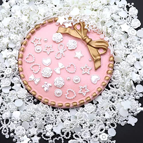 RODAKY 500Pcs Creamy-White Pearls Heart Nail Charms Cute Assorted Flatback 3D Pearls Stars Flowers Bowknots Nail Art Charms Material Embellishments for Nail Art DIY Crafts Accessories