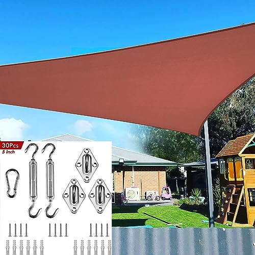 BELLE DURA Sun Shade Sail Patio 20'X20'X20' Rust Red 304 Stainless Steel Hardware Kit 5 Inch Installation Set Cover for Canopy Outdoor,185GSM TriangleAwning Shade Sails for Backyard Lawn Garden