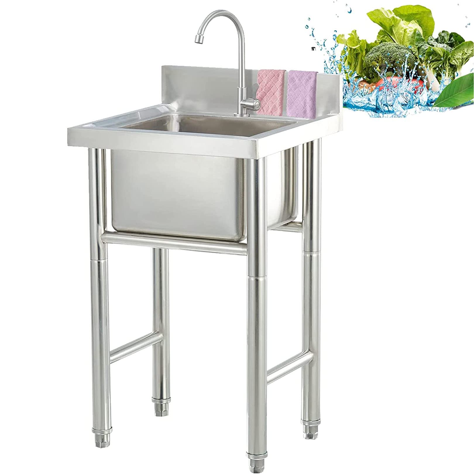 ALEEJA Kitchen Sink, 304 Stainless Steel Single Bowl Sink, Free Standing Prep & Utility Sink, Washing Hand Basin for Restaurant, Laundry, Garden