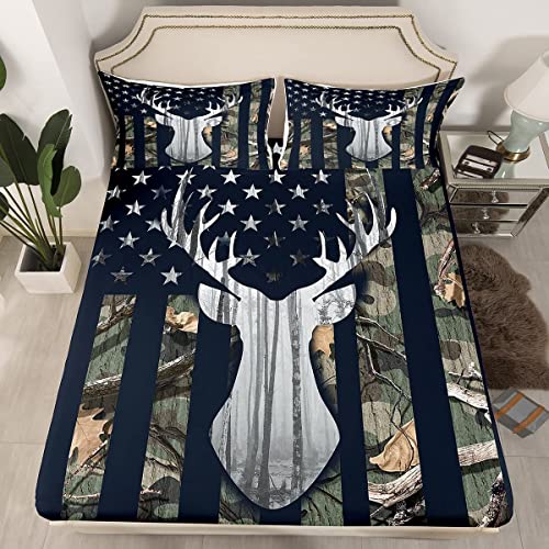 Camouflage USA Flag Bed Sheet Set Queen Size,Green Camo Grey Deer Antlers and Trees Quality Brushed Microfiber Luxury Bedding Set,American Flag Bedding (1 Fitted,1 Flat,2 Pillowcases),Soft Fabric