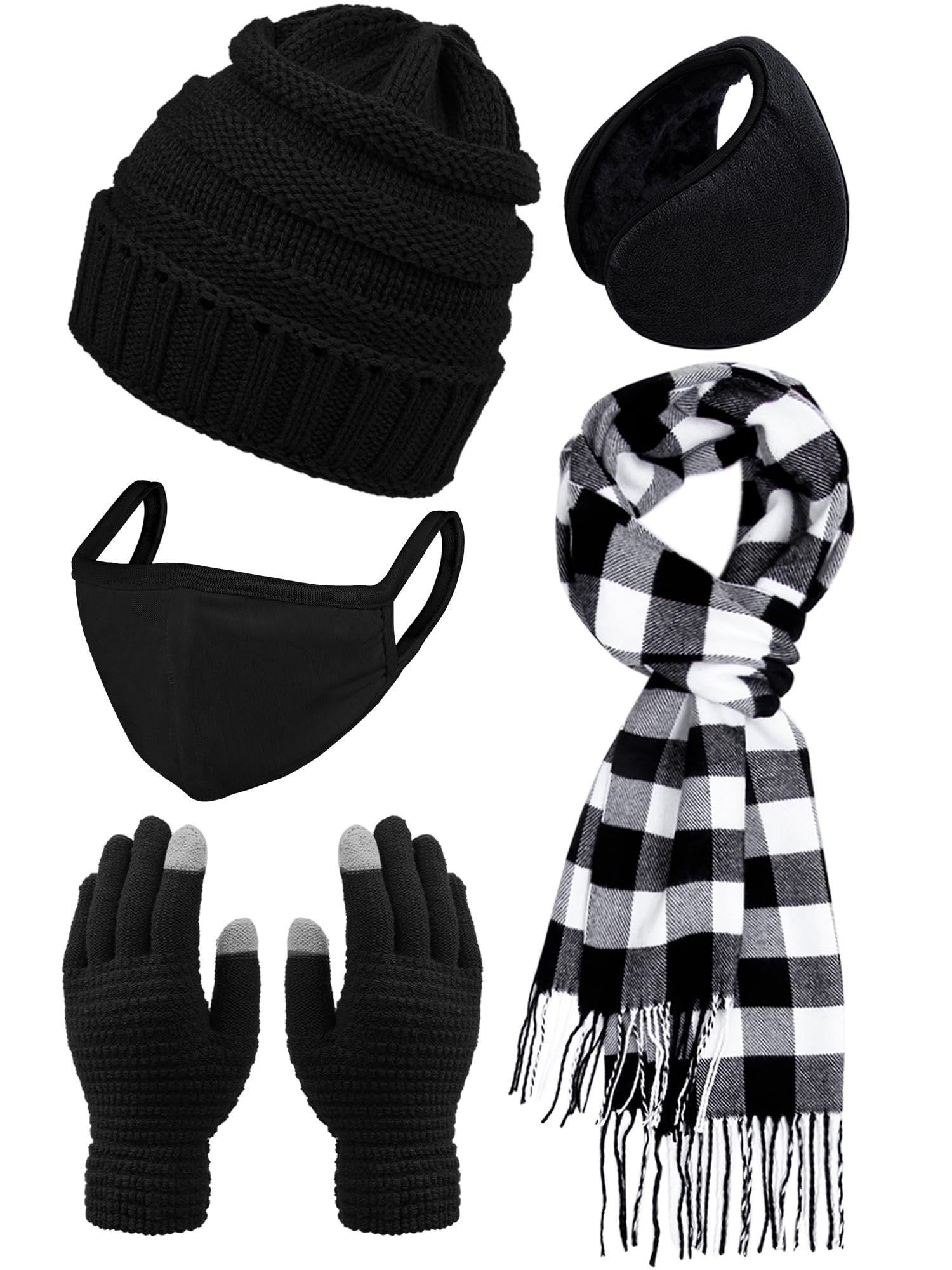 Aneco Winter Warm Sets Buffalo Plaid Scarf Knitted Beanie Hat Gloves Earloop Warm Cover for Men and Women