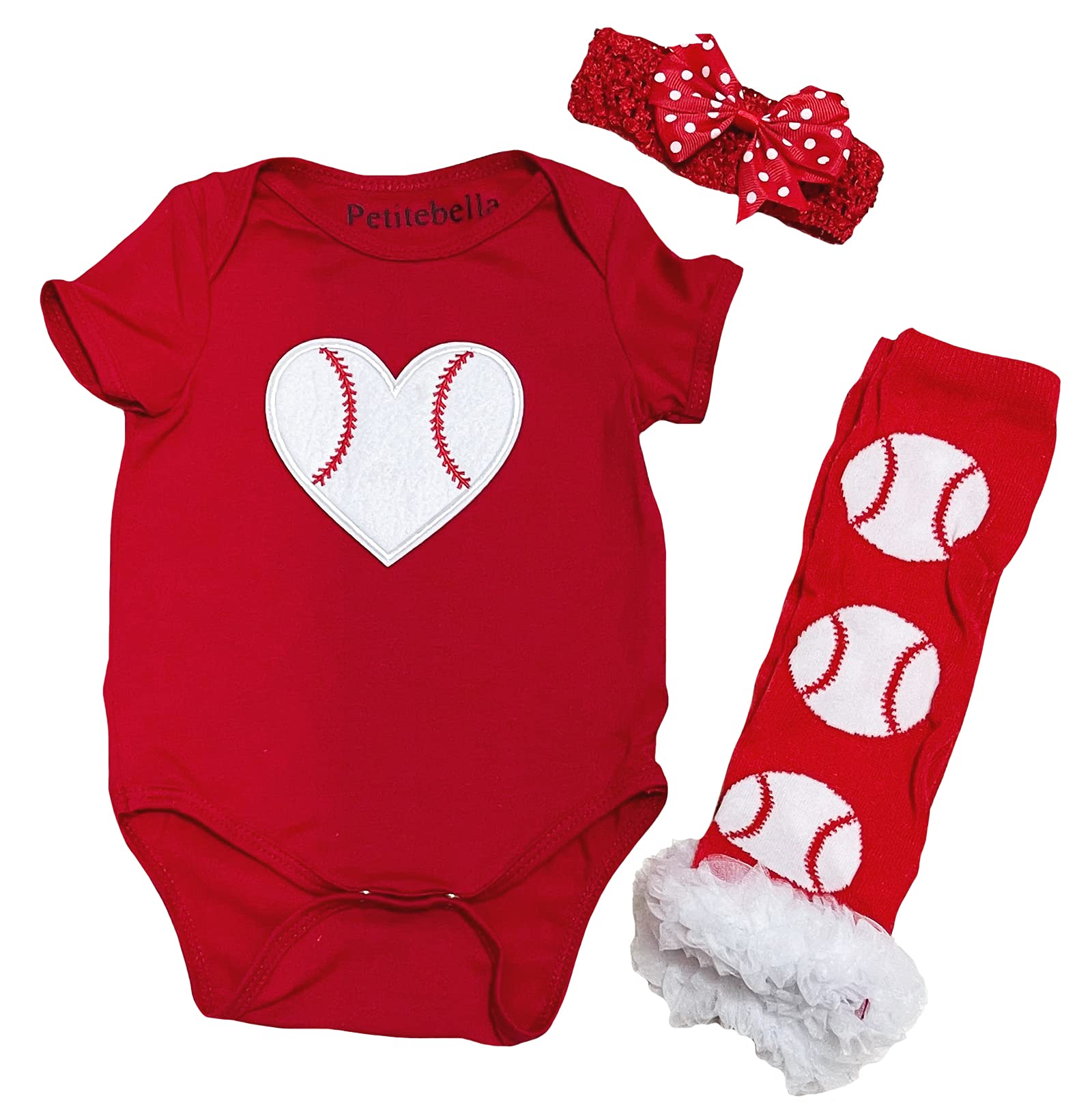 Petitebella Baseball Heart Baby Bodysuit Leg Warmer Nb-18m (Red, 0-3 Months)