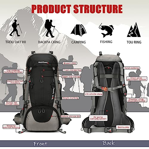 ALFREVER 70L Hiking Backpack, Waterproof Camping Essentials Bag, Lightweight Hiking Backpacking Back Outdoor Travel Pack (gray-black)