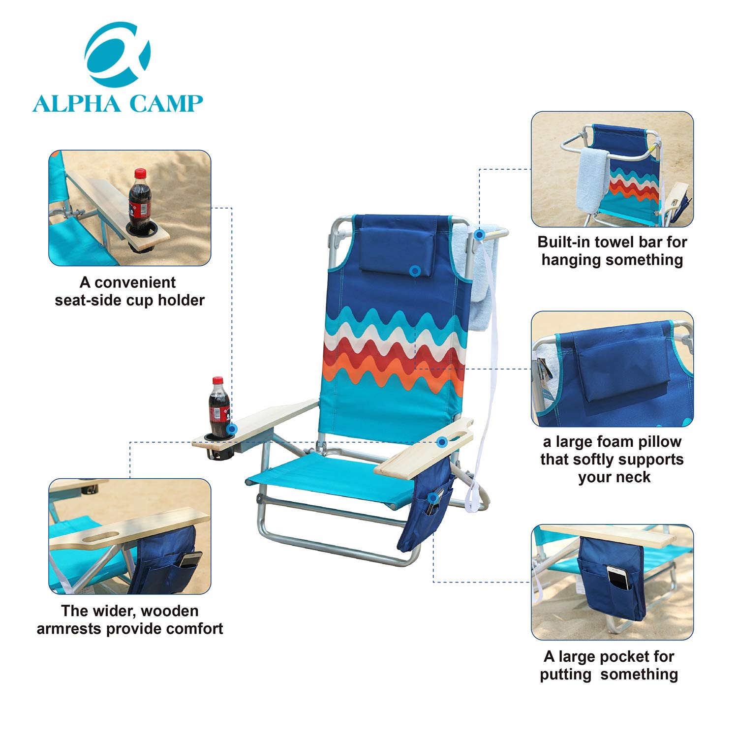 ALPHA CAMP Beach Chair With Cooler Bag Oversized Heavy Duty Steel Frame Support 250 LBS Collapsible Padded Camping Folding Chair with Cup Holder Quad Lumbar Back Chair Portable for Outdoor/Indoor,Wave