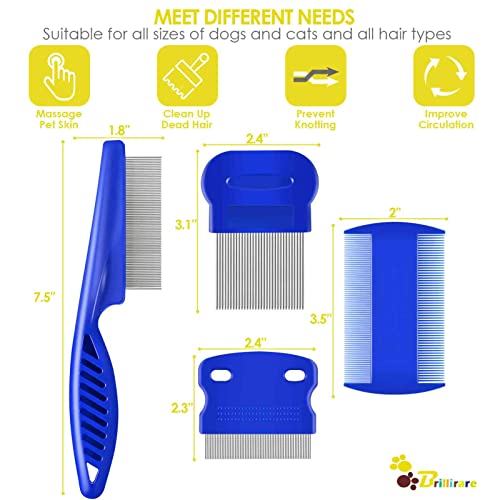 BRILLIRARE 4 Pack Flea Lice Comb, Stainless Steel Dog Cat Grooming Combs with Rounded Teeth, Double Sided Professional Pet Tear Stain Remover, Dematting Tool for Small, Medium & Large Pets