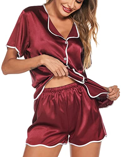 eshion Women's Short Sleeve Pjs Silk Pajama Top with Shorts Set Comfortable Summer Loungewear (Wine Red,XXL)