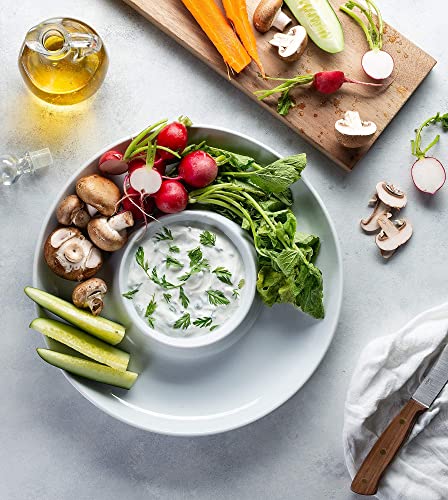 Kook Ceramic Chip & Dip Platter, Large Serving Dish, Round Tray for Snacks and Appetizers, with Bowl for Guacamole, Hummus, Dishwasher Safe, 13 inch, White