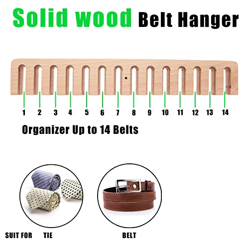 Belt Hanger for Closet, Wooden Belt Organizer for Closet, 2 in 1 Belt Rack for 14 Belts with Swivel Hook Wall Mount, Tie and Belt Holder for Closet, Door, Wall, Belt Storage, Tie Rack, Tie Hanger