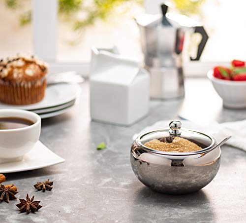 KooK Large Stainless Steel Sugar Bowl with Lid and Spoon, Serving Dish, Clear Glass Lid, Storage for Salt, Candy, Coffee, Holds 2 Cups, Dishwasher Safe, 16 oz (Stainless Steel)
