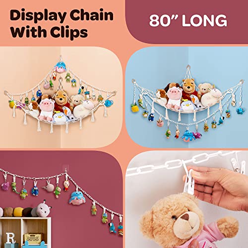 ParentsEasy Macrame Stuffed Animal Hammock & Net β Cotton Toy & Pet Hanging Plushie Storage with Screw-In & Adhesive Hooks β Stuffed Animal Hammock, Plastic Chain, & Clips β Toy Net Plush Storage