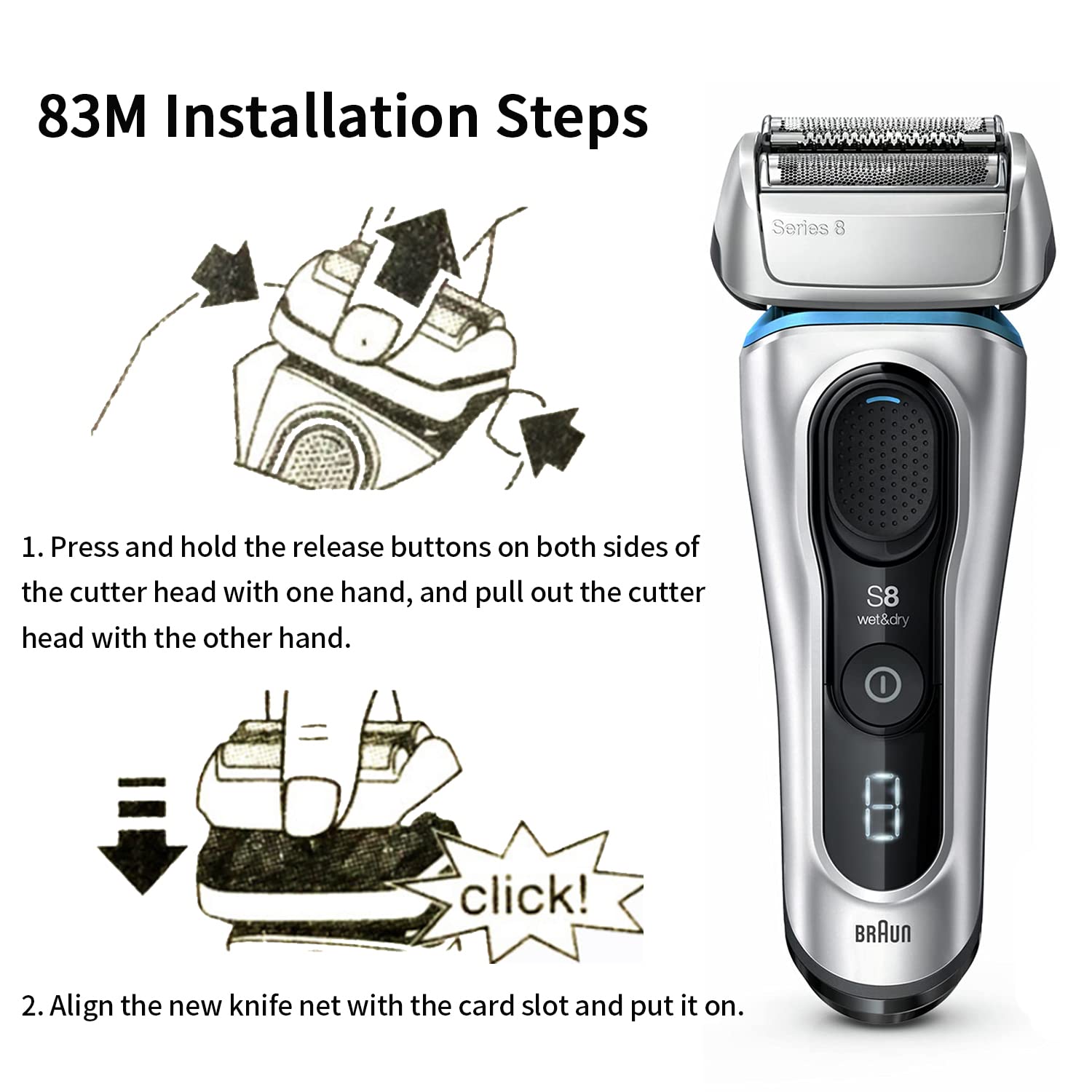 Aijen 83M for Braun Series 8 Replacement Head — Compatible with 8 Series Models 8370cc, 8340s, 8350s ets,Silver