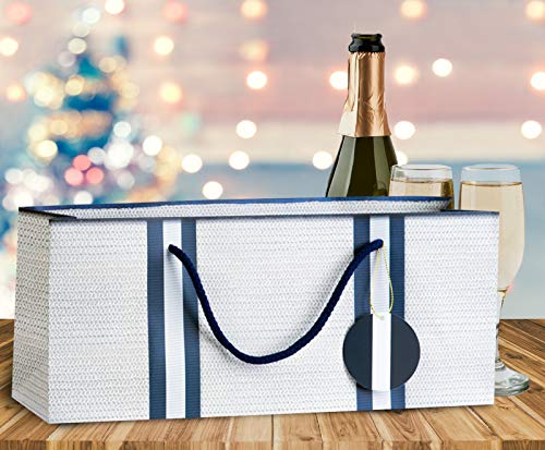 Simply Charmed Wine Gift Bags β White with Basket Weave Pattern and Navy Stripes Purse Style Set of 3