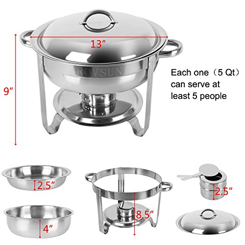 ROSVUN Upgraded Stainless Steel Chafing Dish Buffet Silver Round Catering Warmer Set with Food and Water Trays, Mirror Cover, Thick Stand Frame for Kitchen Party Banquet (2 Round+ 2 Rectangular)