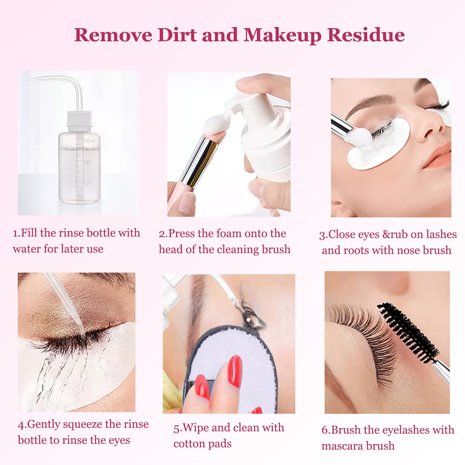 AREMOD 50ml Eyelash Extension Cleanser, Lash Shampoo for Lash Extensions 50pcs Eyelash Brush Cleaning Brush Makeup Remover Pad and Rinse Bottle for Lash Cleaning for Salon Home Use(Pink)