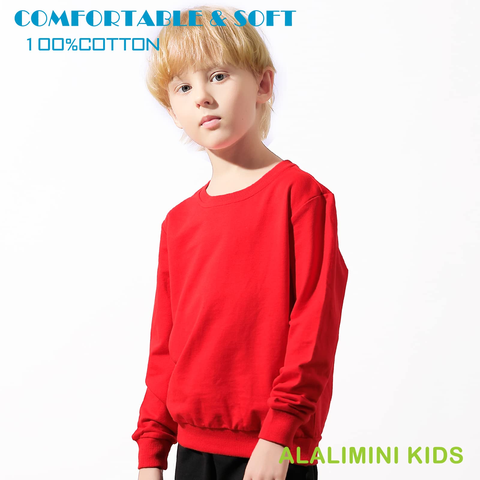 ALALIMINI Boys&Girls Crewneck Sweatshirts Toddler Kids Solid Cotton Long Sleeve Pullover Tshirts (Red, 5T)