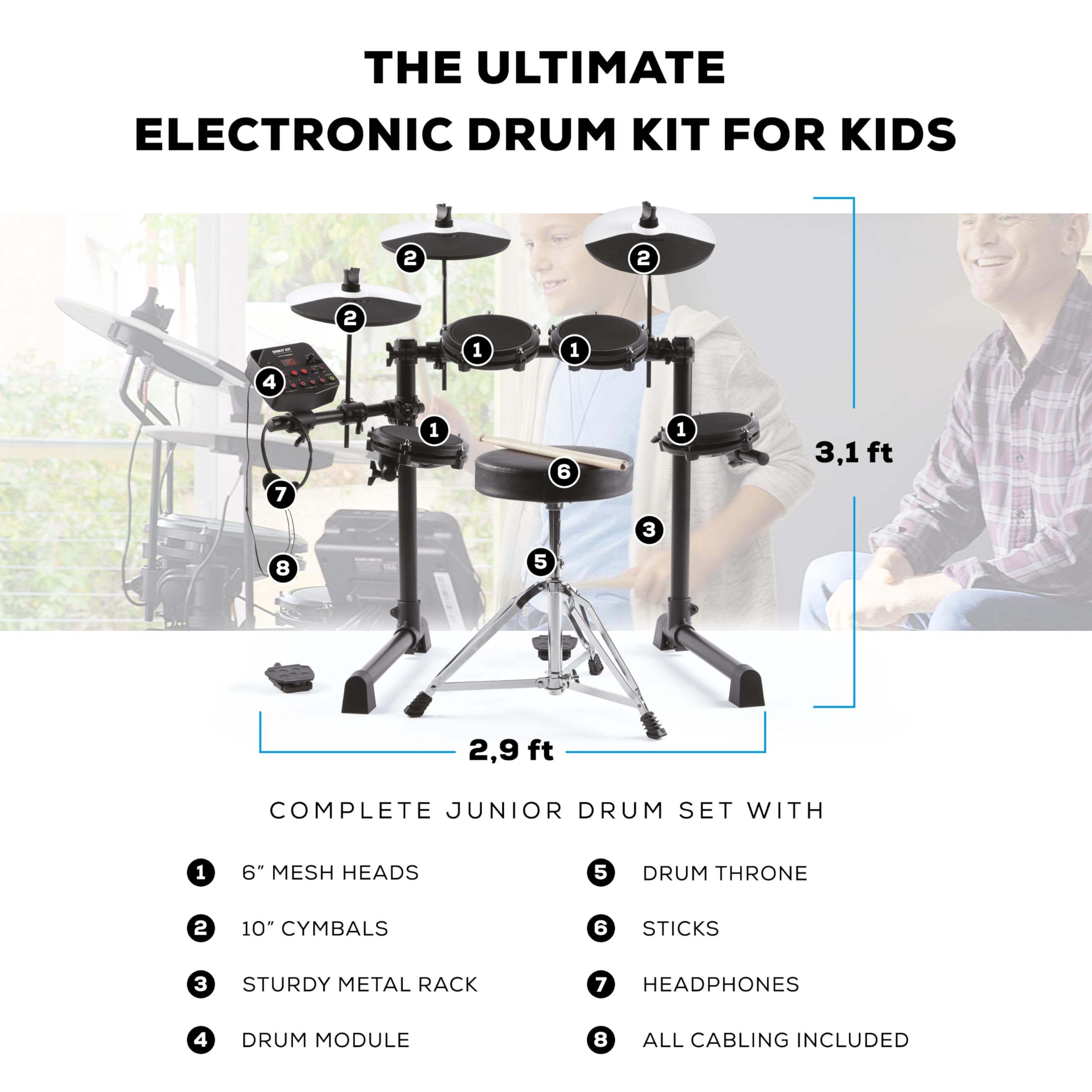 Alesis Drums Debut Kit β Kids Drum Set With 4 Quiet Mesh Electric Drum Pads, 120 Sounds, Drum Stool, Drum Sticks, Headphones and 100 Melodics Lessons