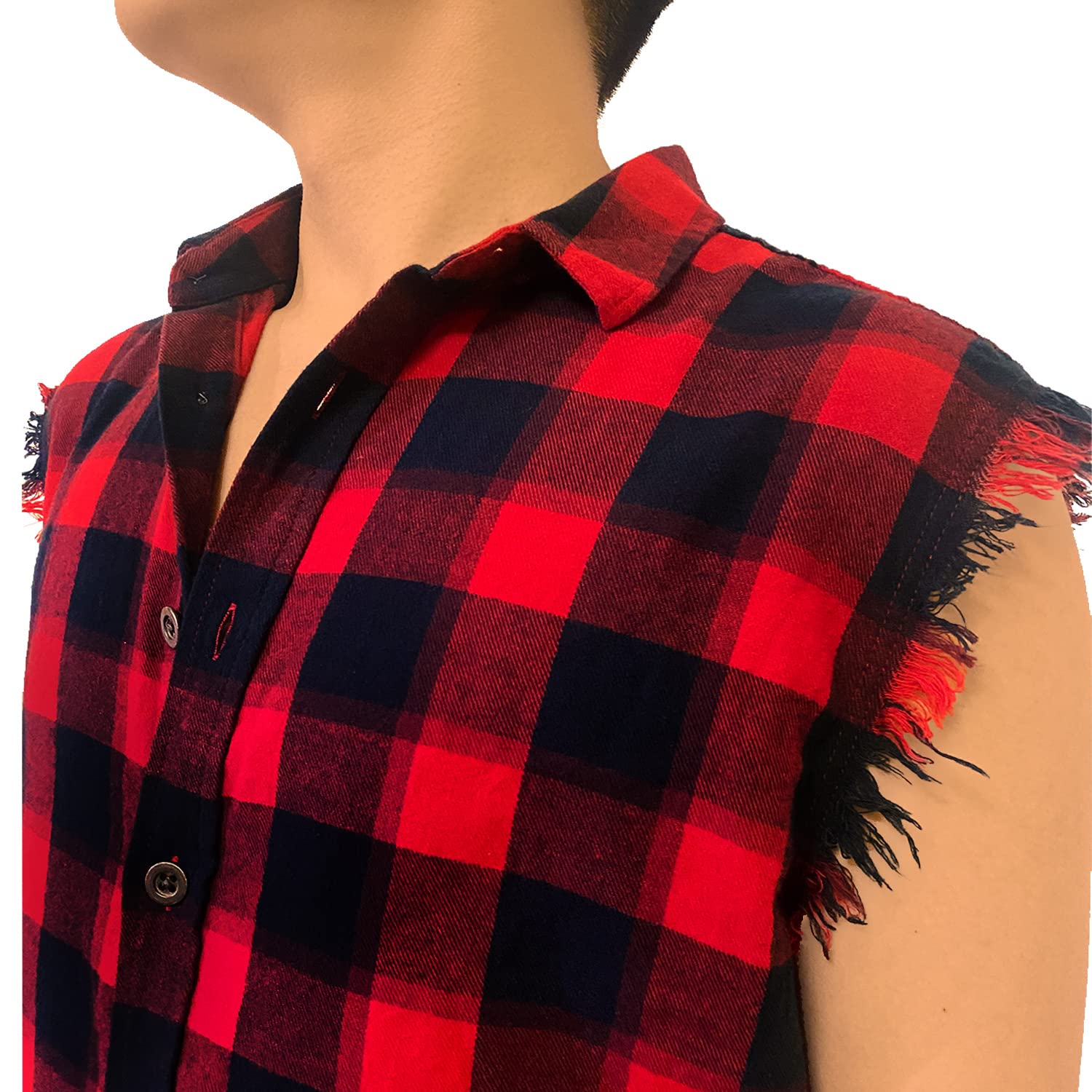 Aligro - Red Sleeveless Flannel Plaid Shirts for Men Casual Button Down Cowboy Vest Shirts (Size M)