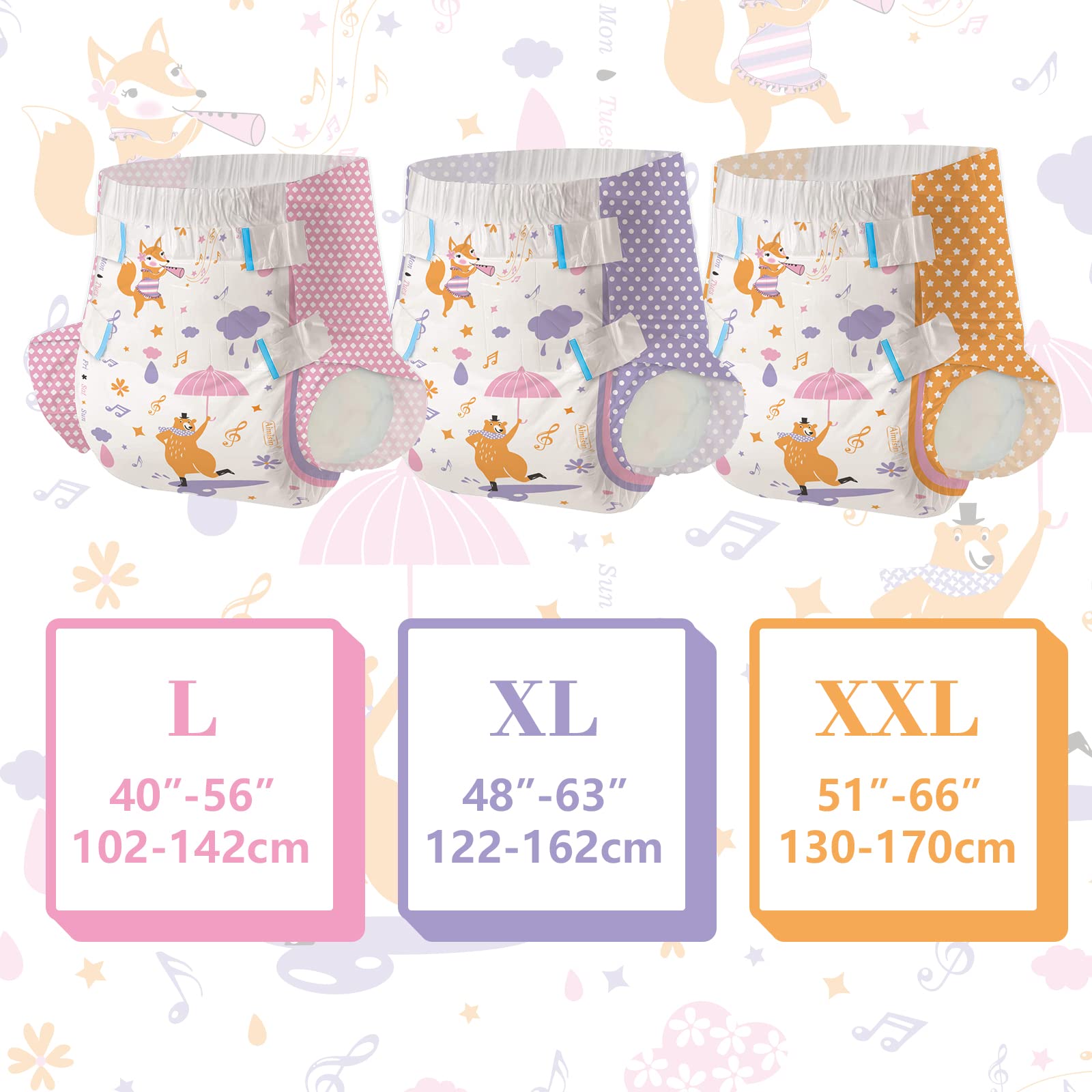 Aimisin Adult Printed Diapers,XX-Large-Fox and Bear, 7 Pieces for Men and Women - Leak Protection Heavy Absorbency Protection Diapers