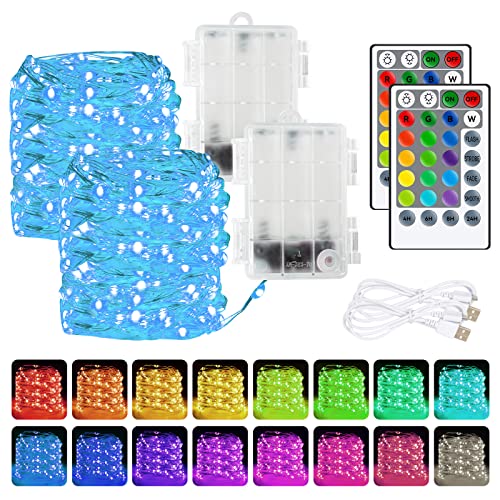 Dazzle Bright Color Changing Fairy Lights Battery Operated, 2 Pack 20 FT 60 LED Silver Copper Wire RGB String Lights with Remote, Waterproof Christmas Decorations for Indoor Outdoor Yard Party Decor