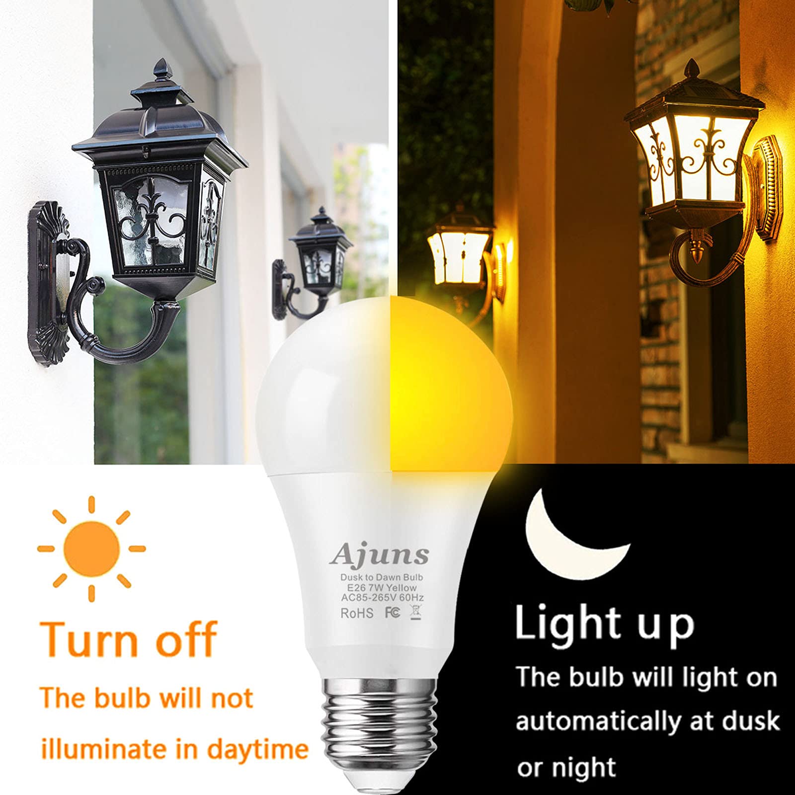 Ajuns Dusk to Dawn Bug Bulb Outdoor Sensor Yellow Bug Light Bulbs Automatic On/Off,for Terrace, Deck, Backyard, Porch, 7W Yellow Lights 2000K, 2 Packs