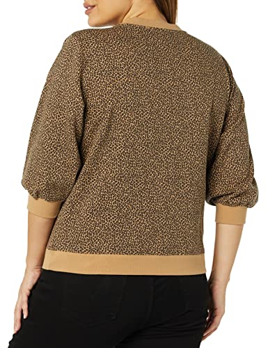Amazon Essentials Women's French Terry Fleece Sleeve Detail Crewneck Sweatshirt, Camel Cheetah, Large
