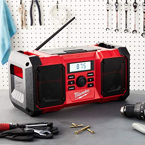 Milwaukee 2890-20 18V Dual Chemistry M18 Jobsite Radio with Shock Absorbing End Caps, USB 2.1A Smartphone Charging, and 3.5mm Aux Jack