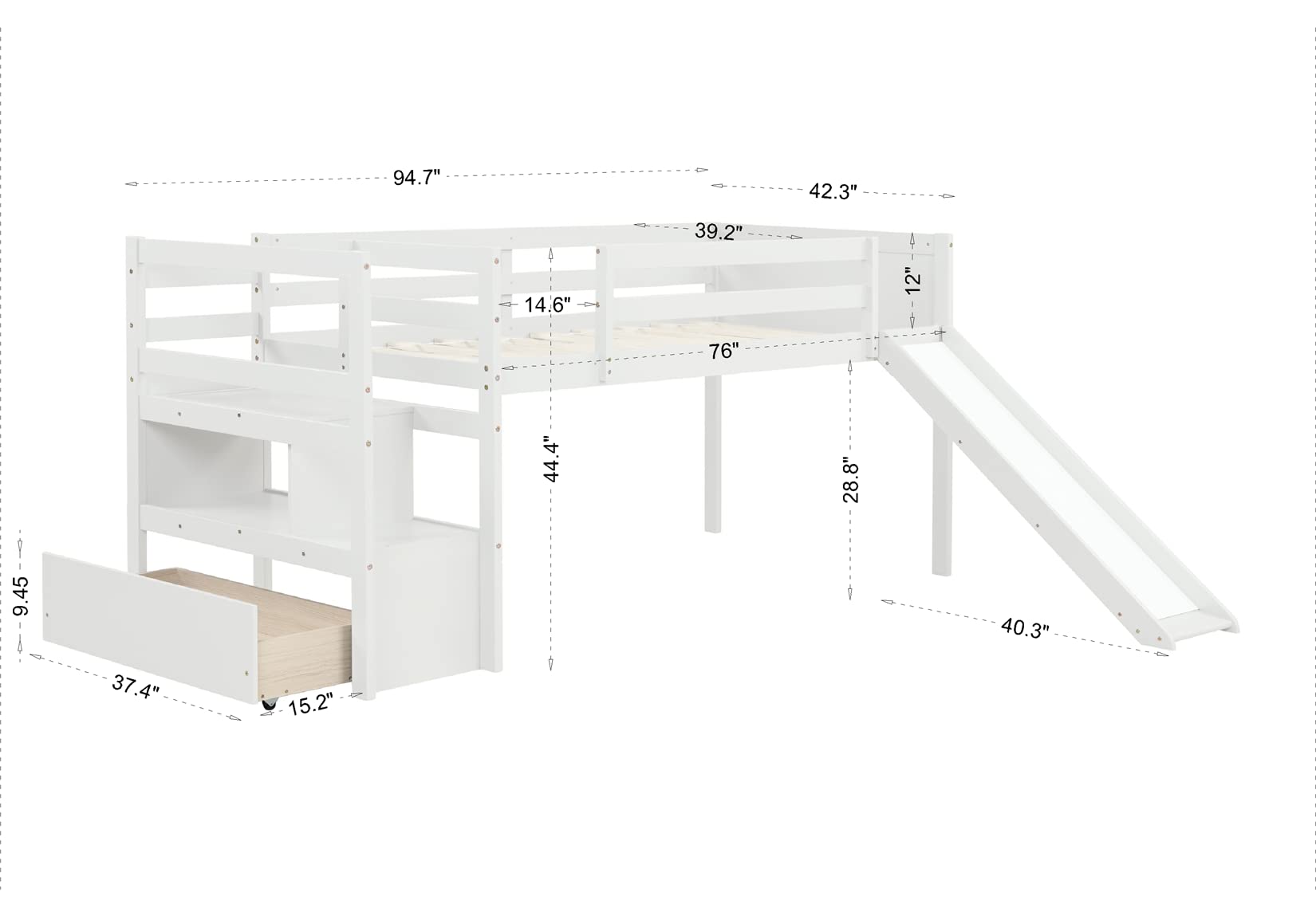 Low Loft Bed with Slide and Stairs Twin Loft Bed with Storage Wood Bed Frame for Kids Teens Girls Boys, White