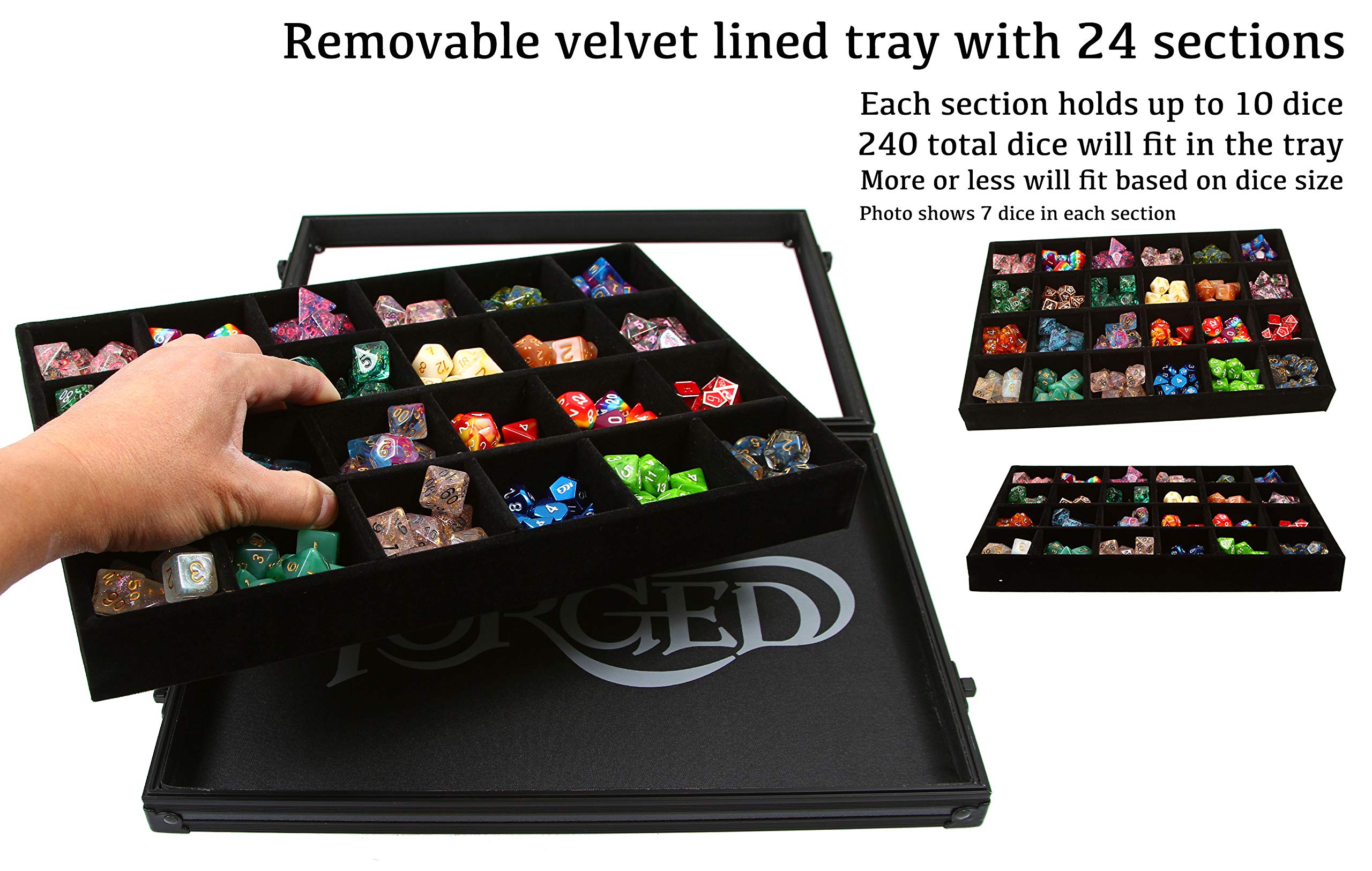 Forged Dice Co. Dice Display Case and Rolling Tray with Removable Divided Dice Tray - Storage Box Holds up to 240 Metal or Plastic Polyhedral Dice Sets - Great for Dice Collectors or RPG D&D Games