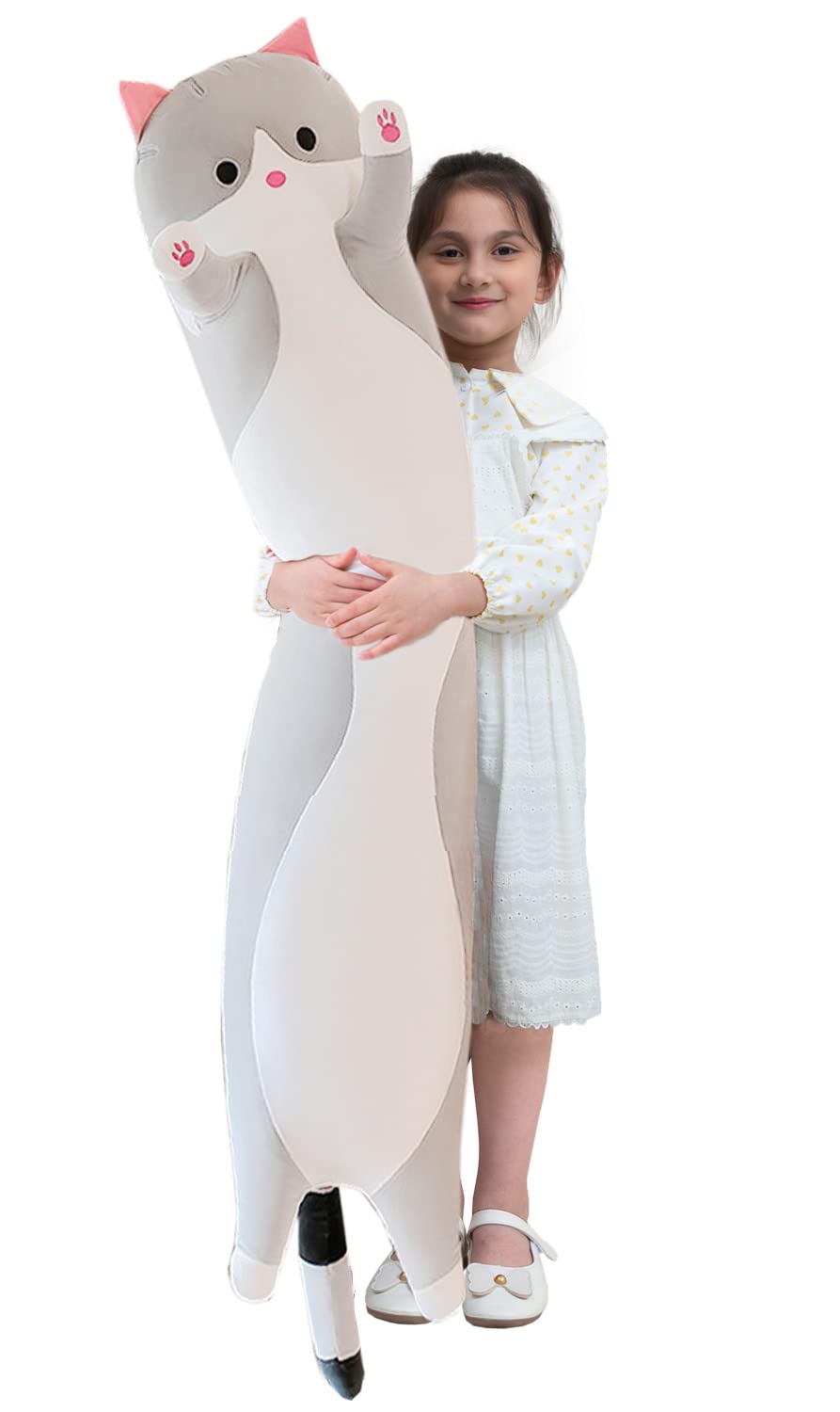 Giant Cat Pillow Plush Cartoon Kitty Sleeping Hugging Pillow, Cuddly Soft Long Kitten Body Pillow Doll Cat Cushion Toy for Kids Girlfriend (Gray, 70cm/27.55inch)
