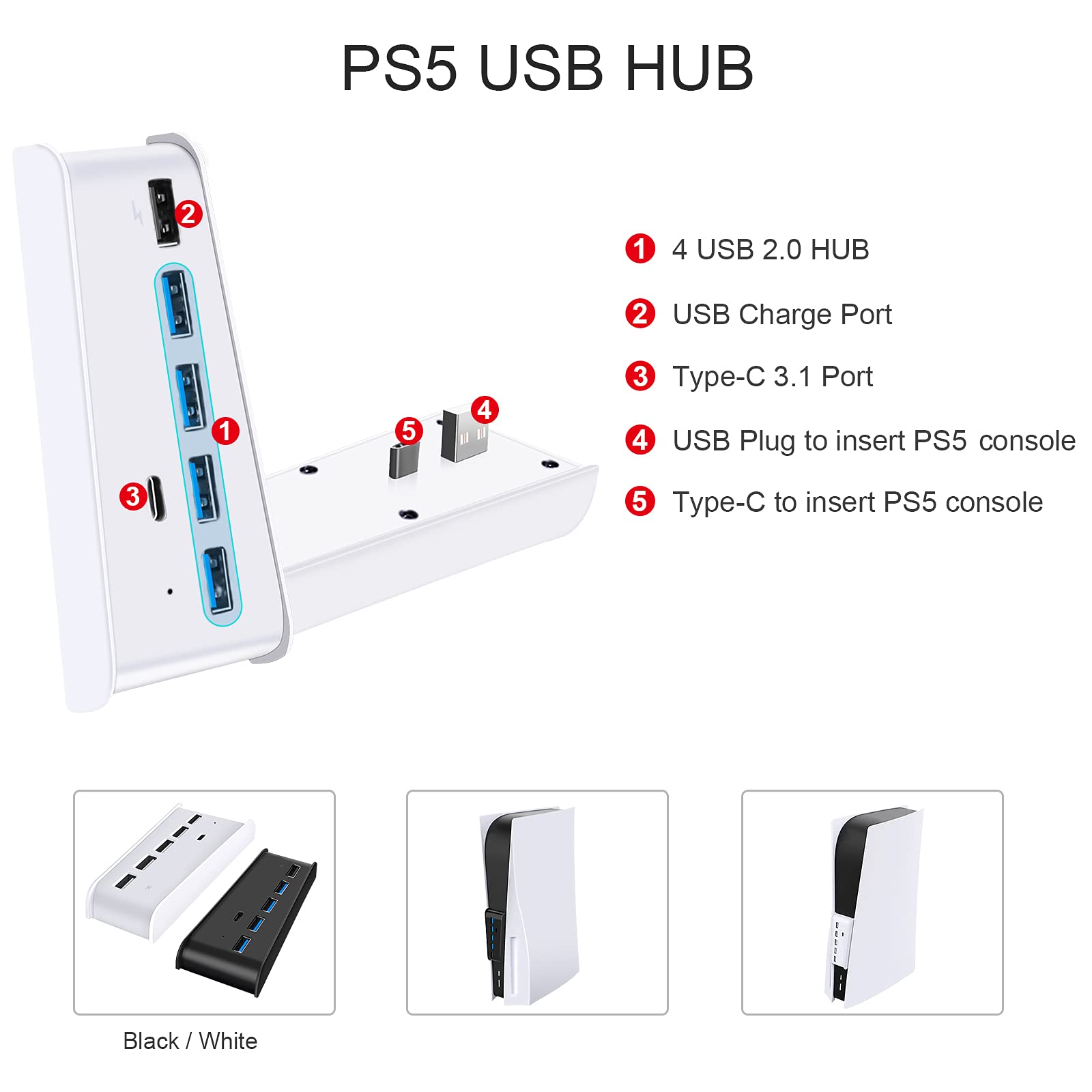 AKNES 5 Port Hub for PS5 Console, USB 2.0 High-Speed Expansion Hub Charger Controller Adapter Connector Compatible with PS5 Gaming Console,Expands Game Console Ports, White