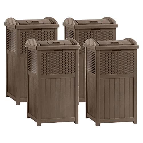 Suncast Trash Hideaway 33 Gallon Resin Wicker Outdoor Garbage Container (4 Pack) Brown