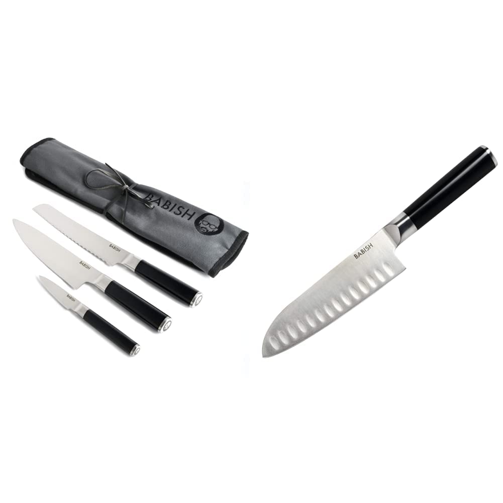 Babish German Steel Cutlery Bundle with Knife Roll (Chef Knife, Bread Knife, Pairing Knife, Santoku Knife)
