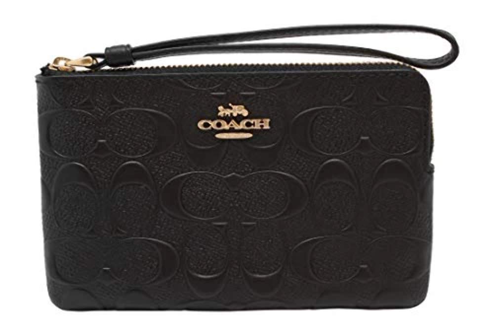 Coach Signature Embossed Leather Corner Zip Wristlet Clutch Black F30049