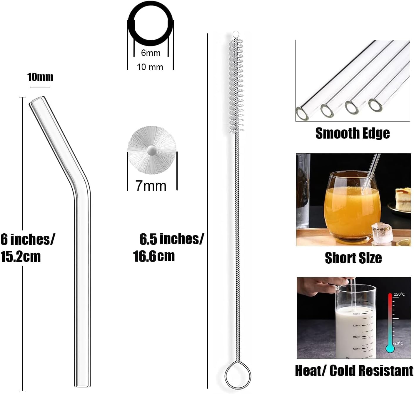 ALINK Short Bent Glass Straws, 6 in x 10 mm Reusable Clear Glass Curved Cocktail Straws for Whiskey, Coffee, Soda, Water, Pack of 8 with Brush