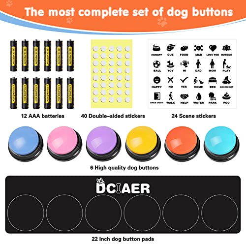 DCIAER Dog Buttons for Communication,Talking Buttons for Dogs,6 Recordable Sound Buttons + 24 Scene Patterns + 1 Dog Button Mat+ 12 AAA Batteries,30 Seconds Dog Buttons for Pet Sound Training Toy