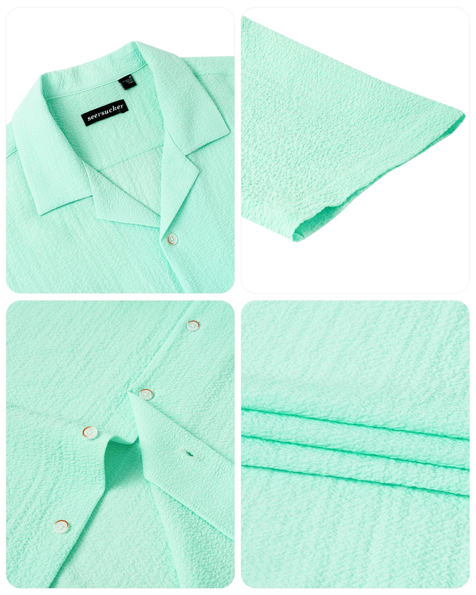 Alimens & Gentle Men's Seersucker Hawaiian Shirts Casual Short Sleeve Button Down Shirt for Men Summer Beach Shirt(Mint Green, Large)