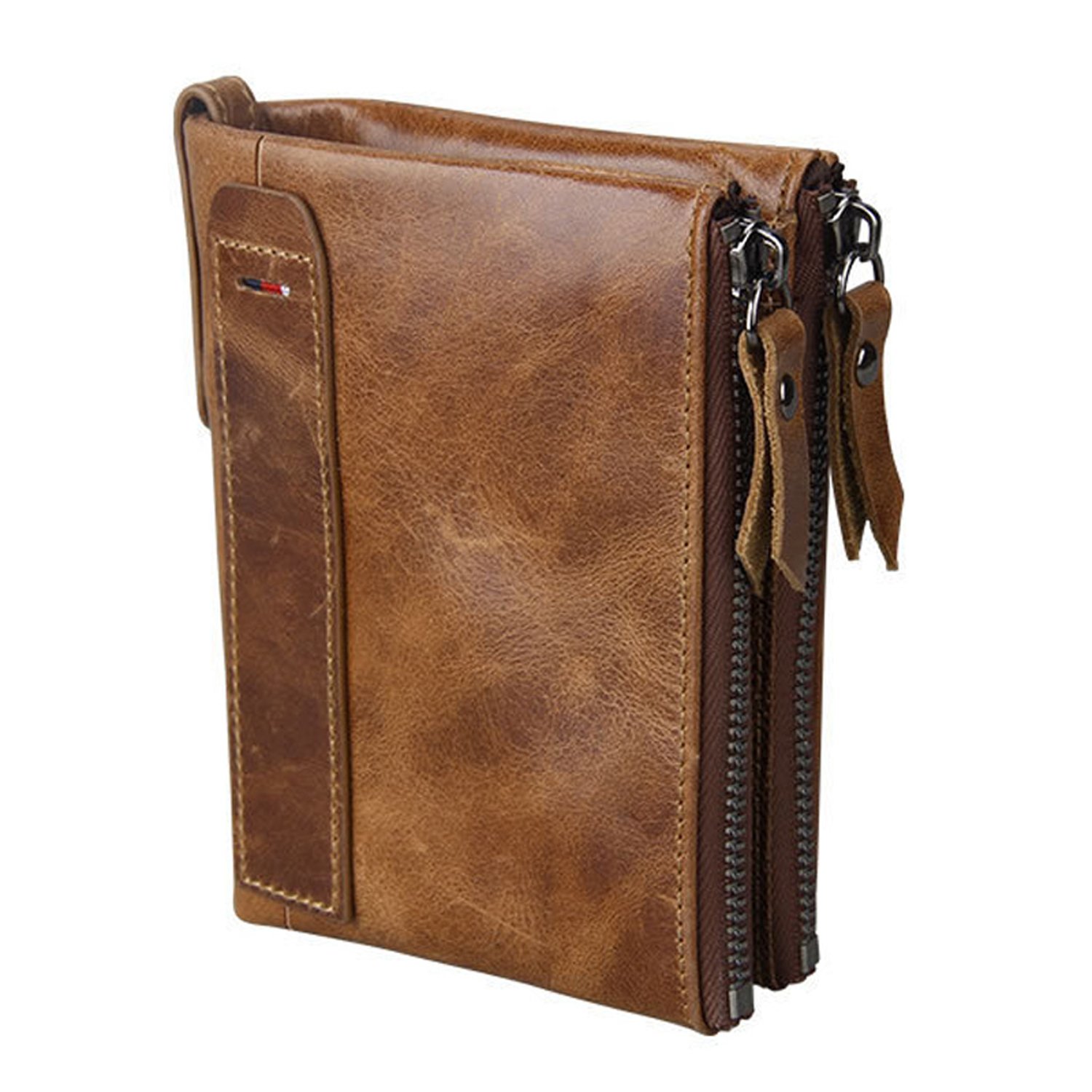 Alkenred small wallet for women Leather Bifold Compact Card Holder Zipper Pocket Wallet RFID Blocking Card Case Purse with ID Window(brown1)