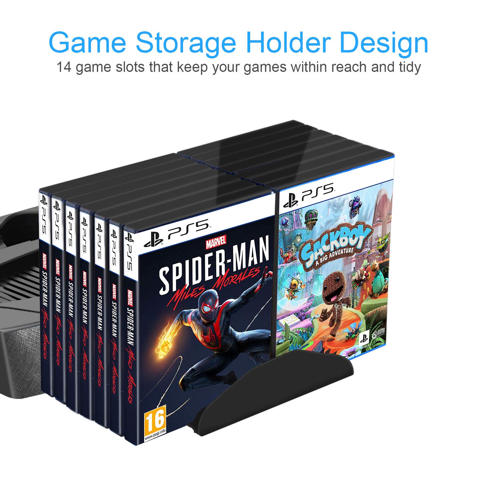 AKNES Vertical Stand with Cooling Fan for PS5/Playstation 5/PS5 Digital Edition, Dual Controller Charger Station with 14 Game Storage and Dualshock Charger, 3 Extra USB HUB Port, A PS5 Storage Bag