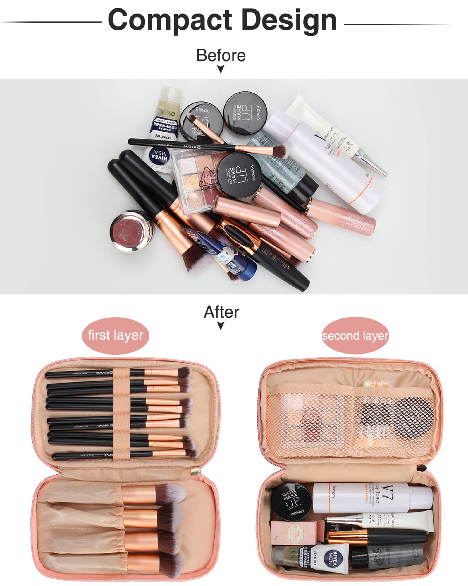 Relavel Makeup Bag, Small Travel Cosmetic Bag for Women, Portable 2 Layer Makeup Brushes Holder Bag, Toiletry Bag, Compact Cosmetic Case Organizer for Christmas, Pink