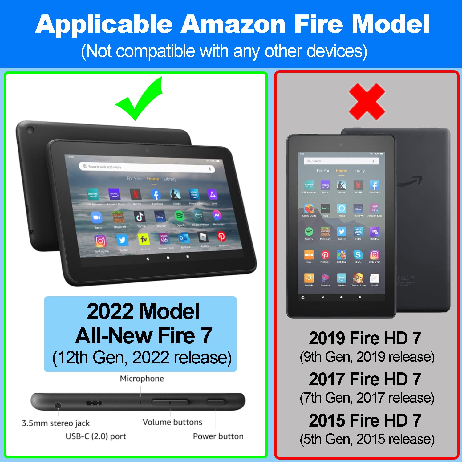 All-New Fire 7 Tablet Case, 7β 12th Generation (2022 Release),Fire 7 Tablet Case for Kids,ANTIKE Shockproof Light Weight Handle Kids Friendly Case for Amazon Kindle fire 7 Tablet,Rose