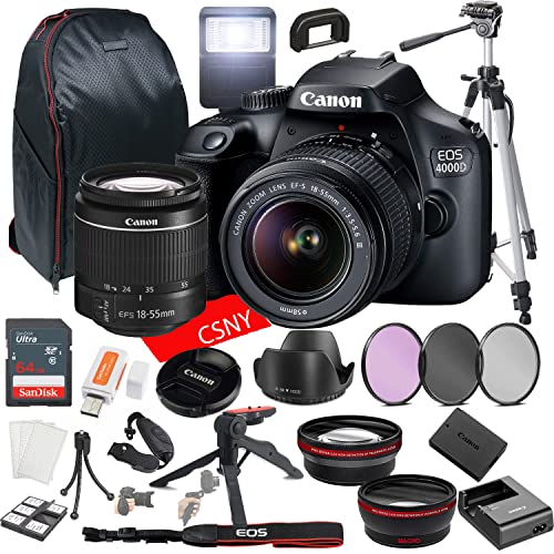 Canon EOS 4000D (Rebel T100) DSLR Camera w/EF-S 18-55mm F/3.5-5.6 Zoom Lens + 64GB Memory + Back Pack Case + Tripod, Lenses, Filters, & More (28pc Bundle)