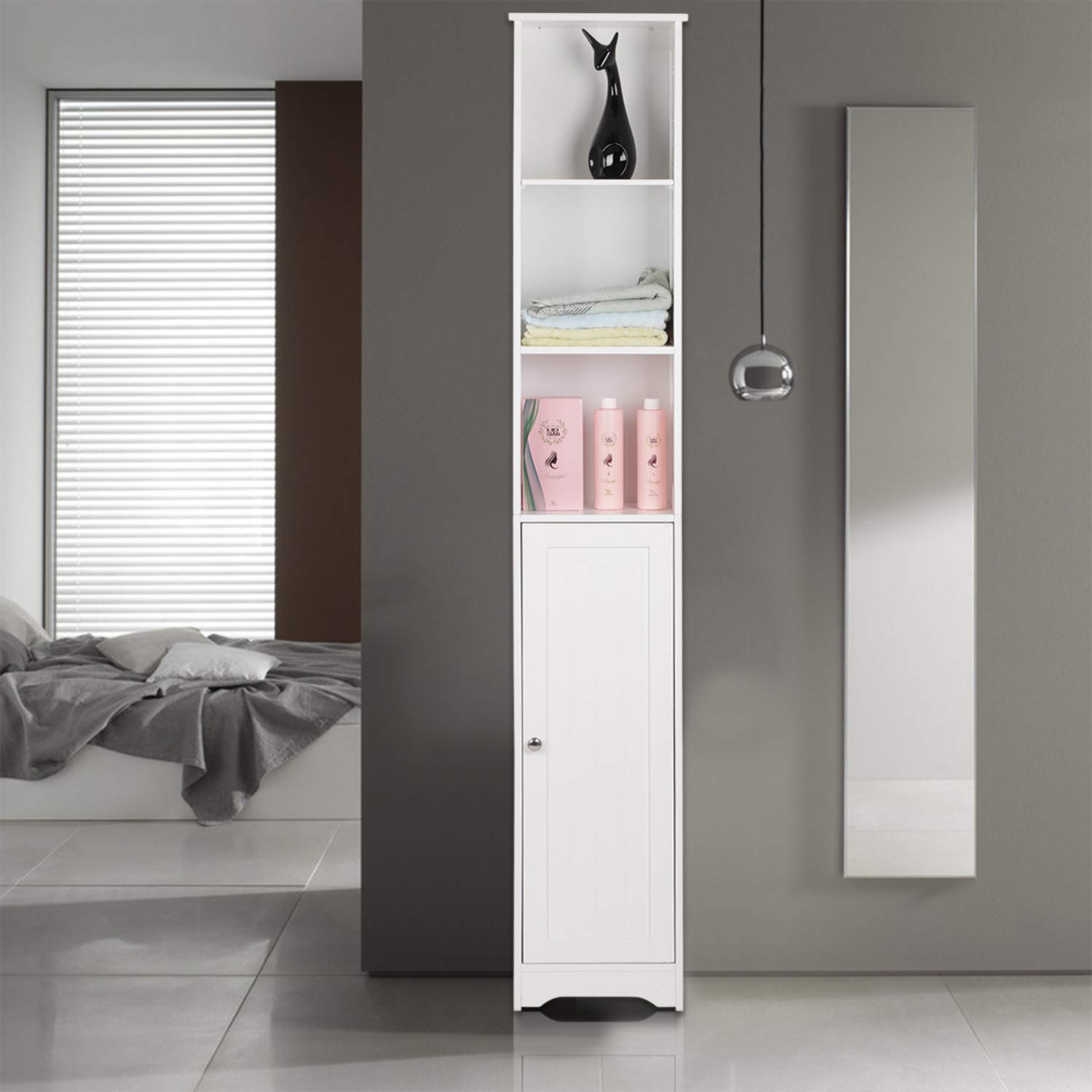 Bonnlo Narrow Cabinet, 67" Tall Slim Bathroom Storage Cabinet 12" Wide White Skinny Linen Cabinet with 3 Open Shelves Single Door Adjustable Shelf Space Saving Corner Pantry