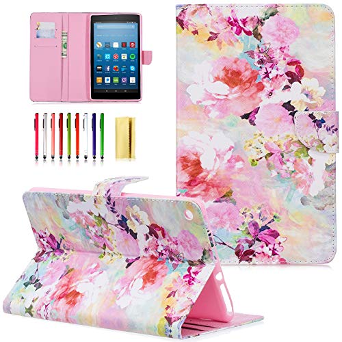 UUcovers for Amazon Kindle Fire HD 8 Tablet 2018/2017/2016/2015 Case 8th/7th/6th/5th Generation, Folio Stand Synthetic Leather Magnetic Wallet TPU Back Shockproof Cover with Card Slots, Pink Flower