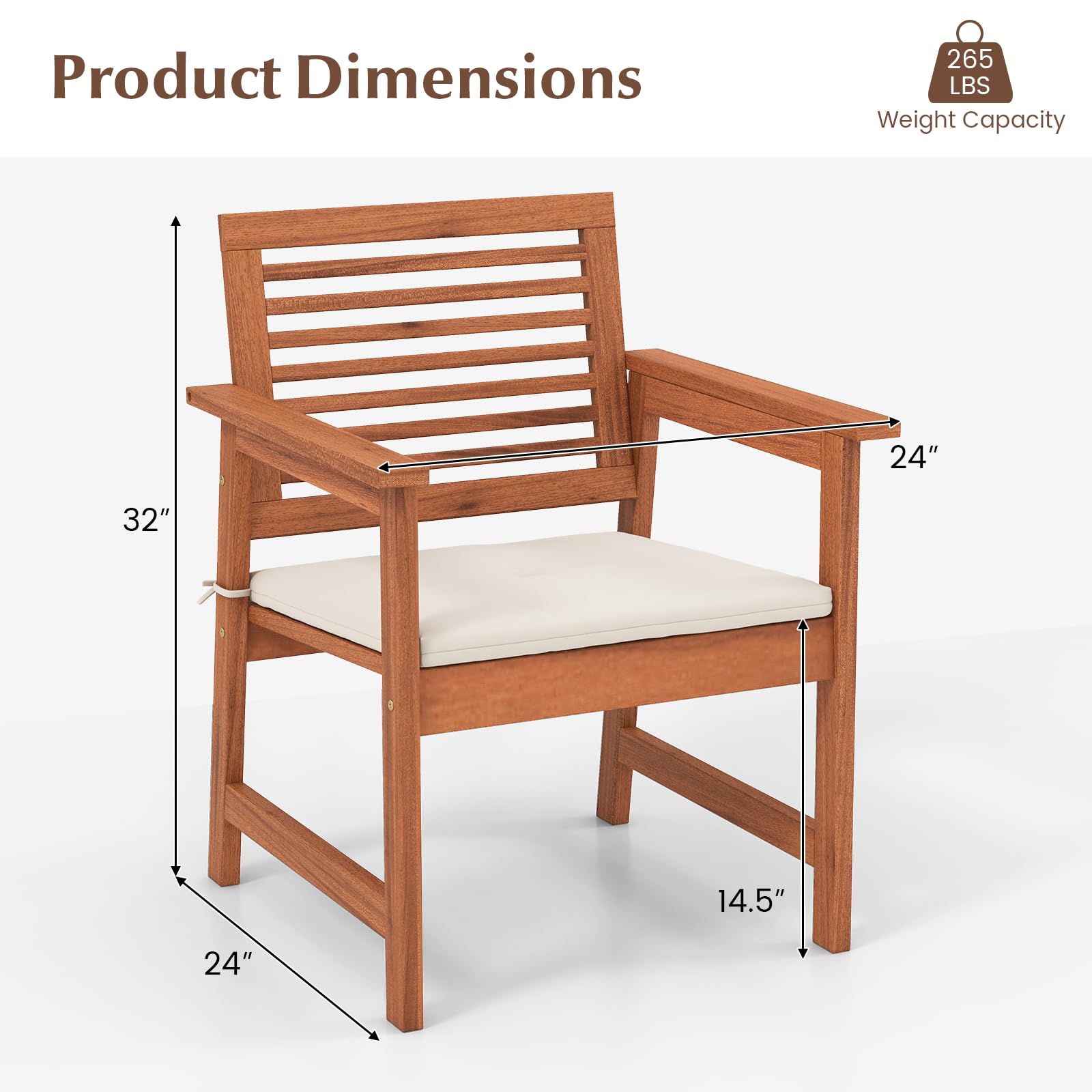 Tangkula Outdoor Dining Chairs Set of 2, Weather-Resistant Heavy Duty Slatted Wood Patio Chairs with Soft Padded Cushions, for Deck, Garden, Poolside, Balcony (2, Off White)