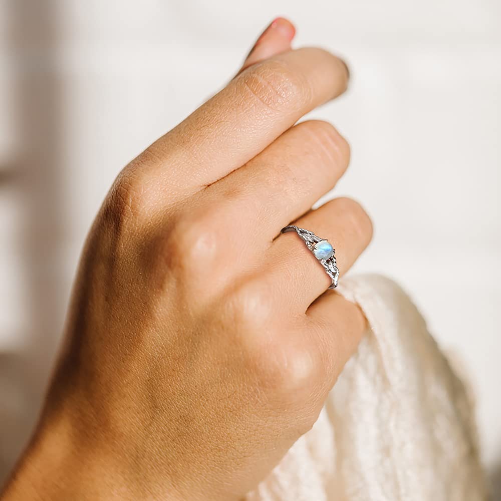 Angol Genuine Moonstone Ring Sterling Silver for Women Rainbow Moonstone Thumb Ring Minimalist Statement Band Finger Ring Dainty Trendy with Box