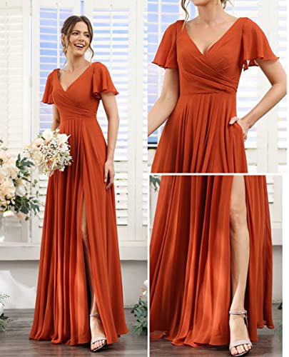 deamify Modest V Neck Flutter Sleeves Bridesmaid Dresses with Pockets Split Pleats Short Sleeves Sage Green Formal Dress for Women 10