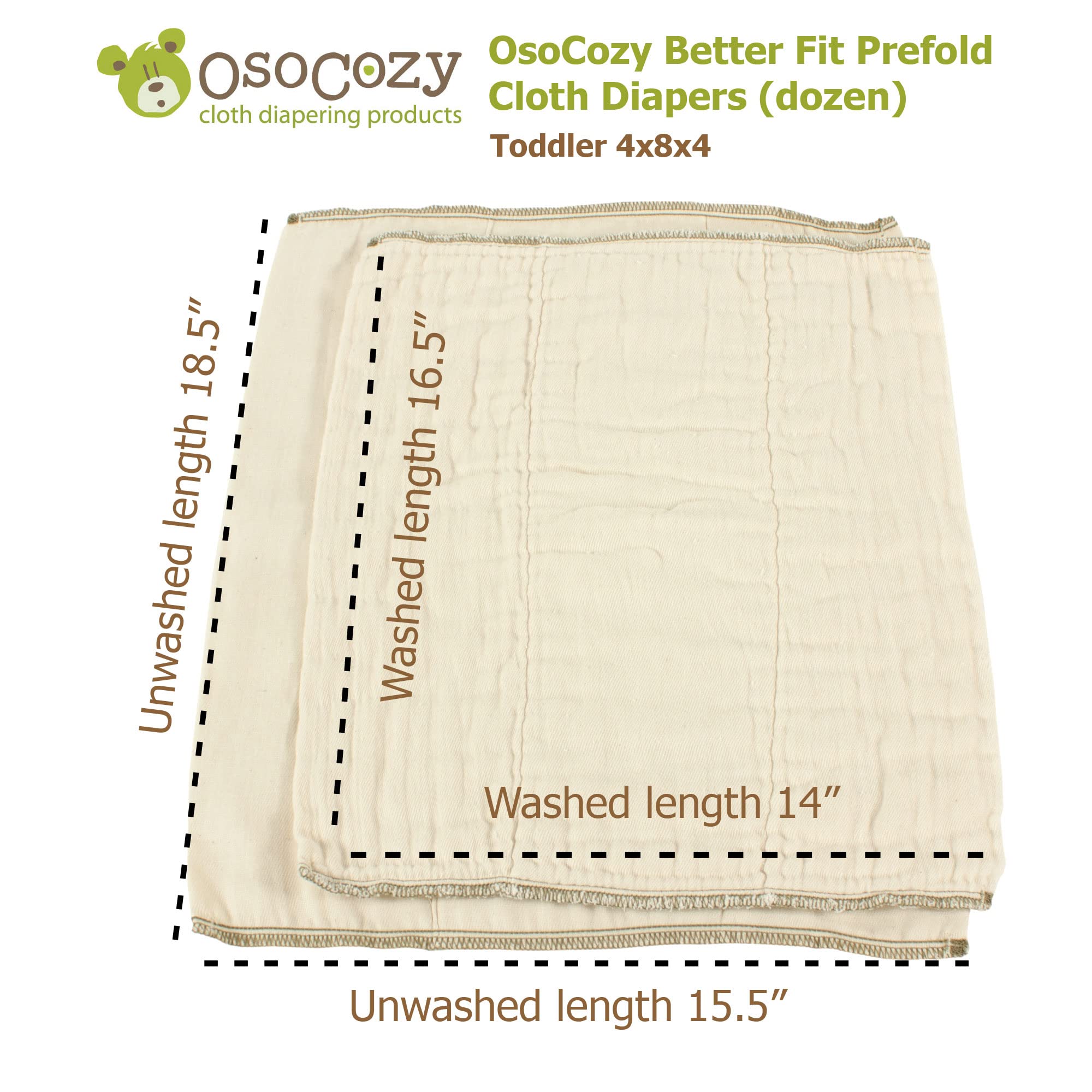 OsoCozy Better Fit Unbleached Prefold Cloth Diapers -100% Cotton, Gauze Weave, Sized for Tri Folding - Size 3 - (Toddler 4x8x4 Fits 25-45 lb.) - 1 Dozen